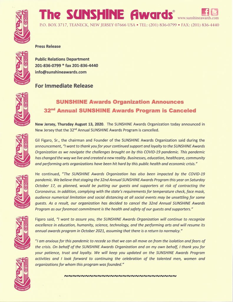 SUNSHINE Awards program canceled - Caribbean Times